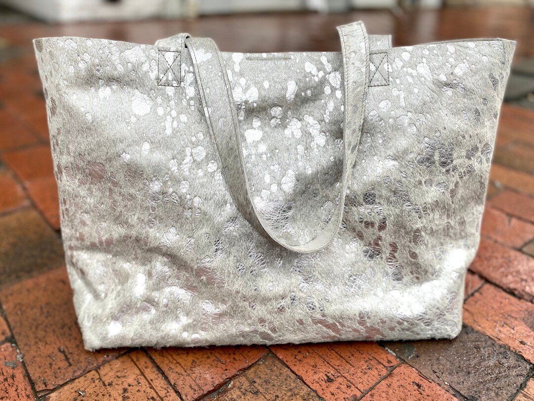 Extra Large Silver Metallic Cowhide Leather Tote Bag: Work & Travel - Etsy