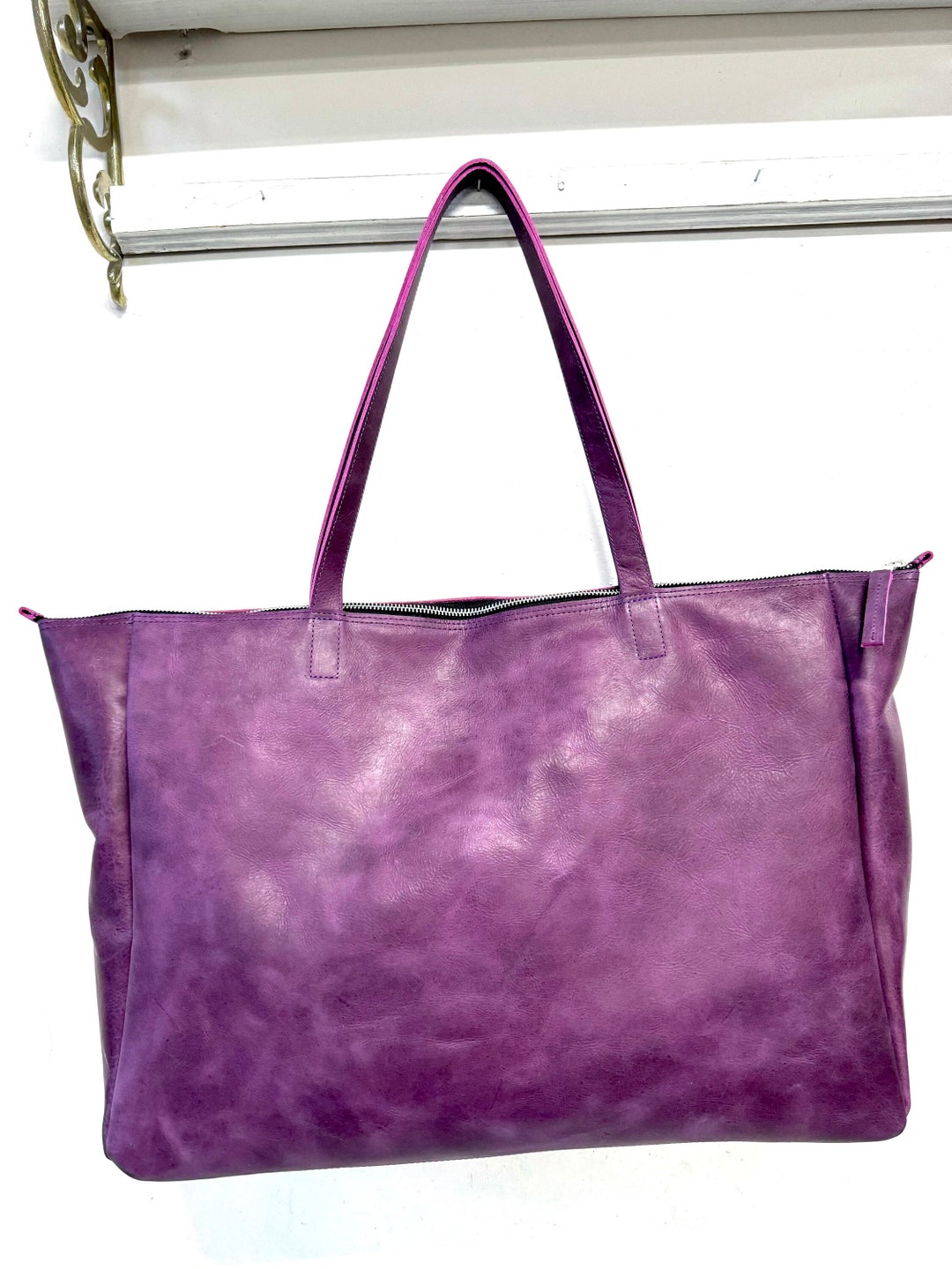 Purple Leather Tote Bag, Oversized Work and Travel Computer Bag, Large ...