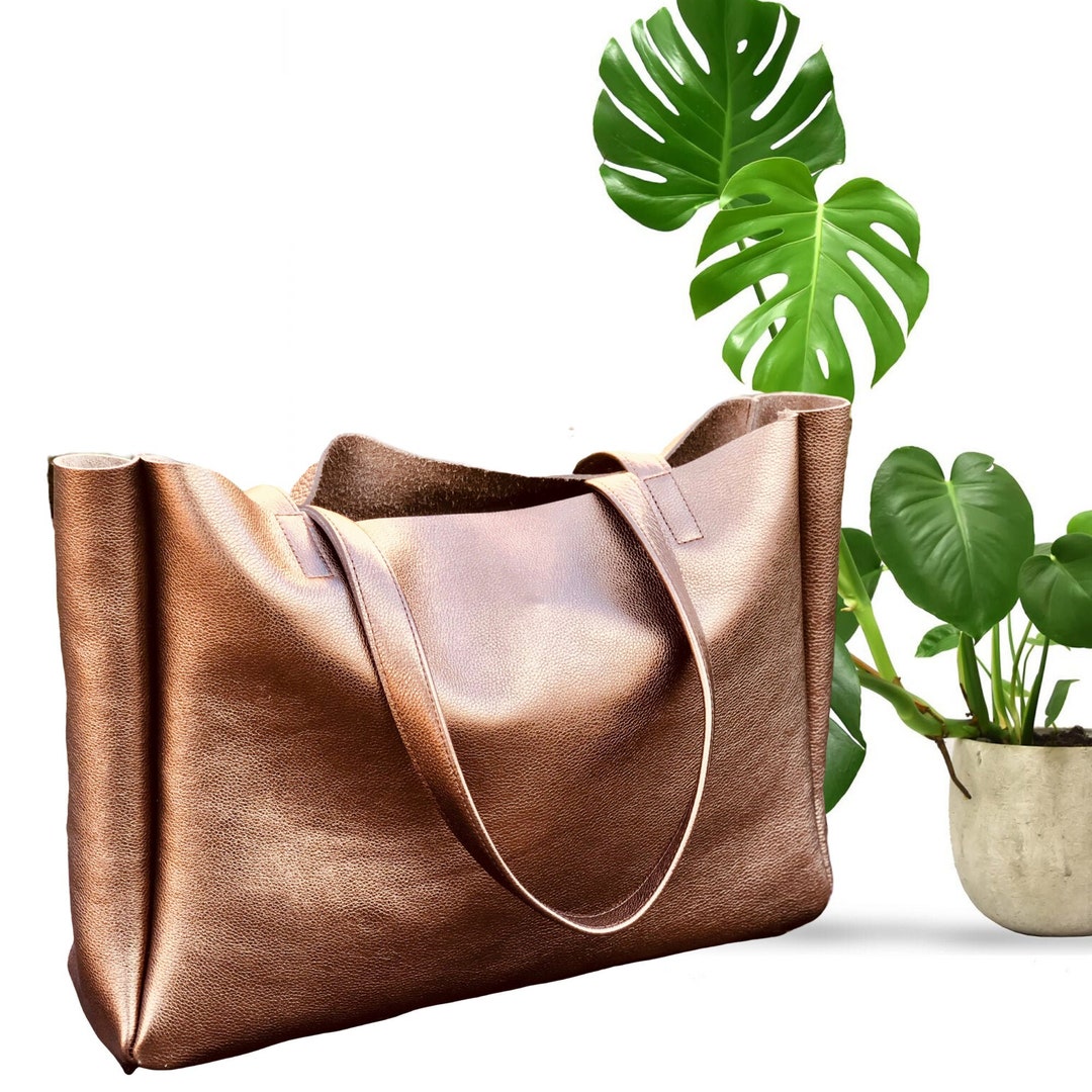 Large Bronze Metallic Leather Bag, 22” X 13” Work and Travel Tote ...