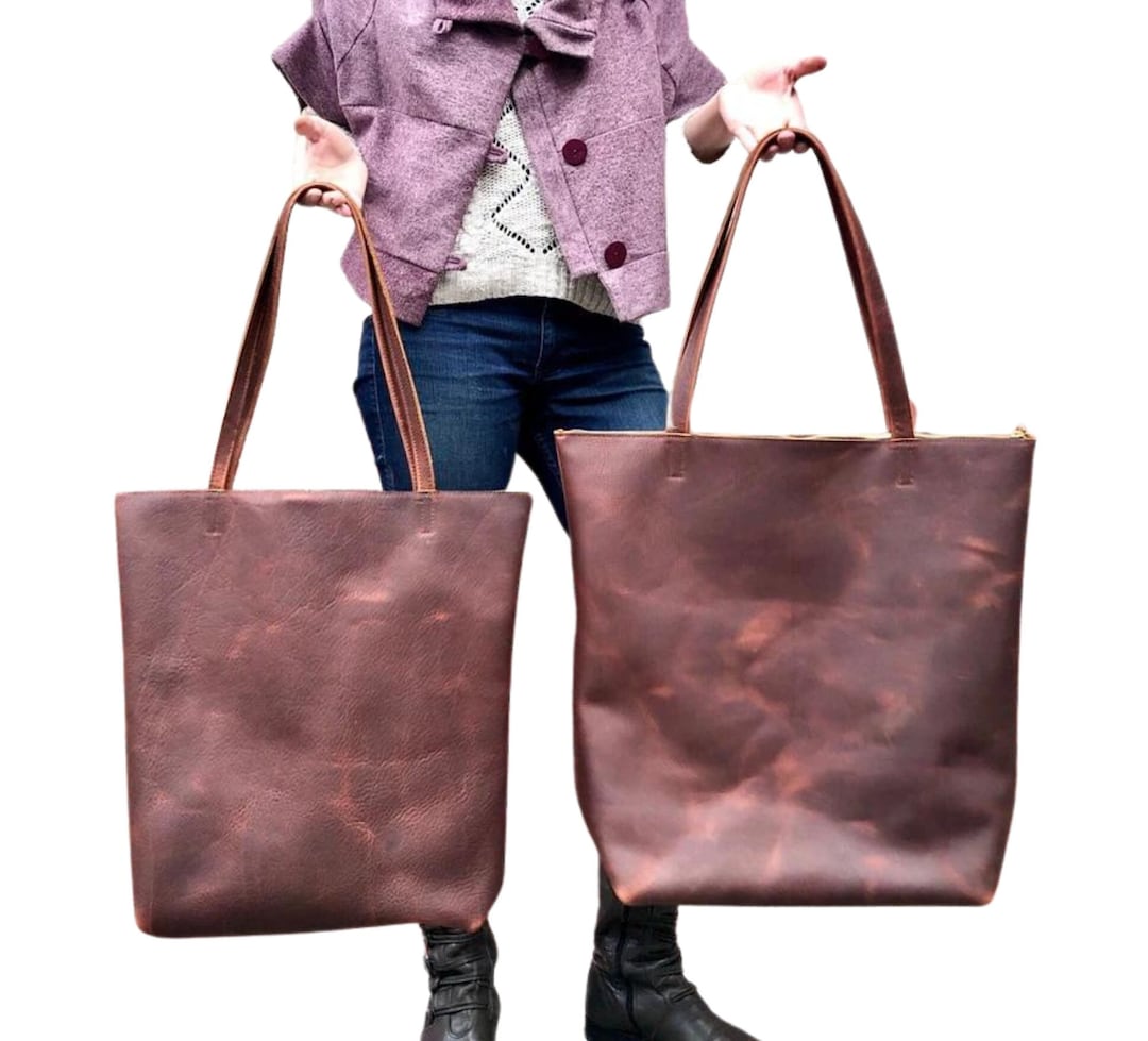 Large Brown Leather Tote Bag: Tall Work & Travel Bag With Zipper - Etsy