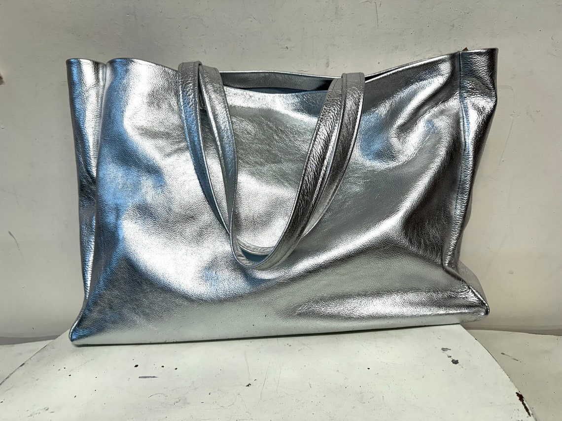Extra Large Silver Leather Tote Bag: Handmade Oversized Work Bag - Etsy