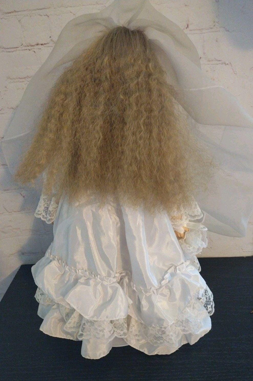 Vintage Porcelain Bride Doll W/ Stand White Wedding Lace Bridal Dress ...