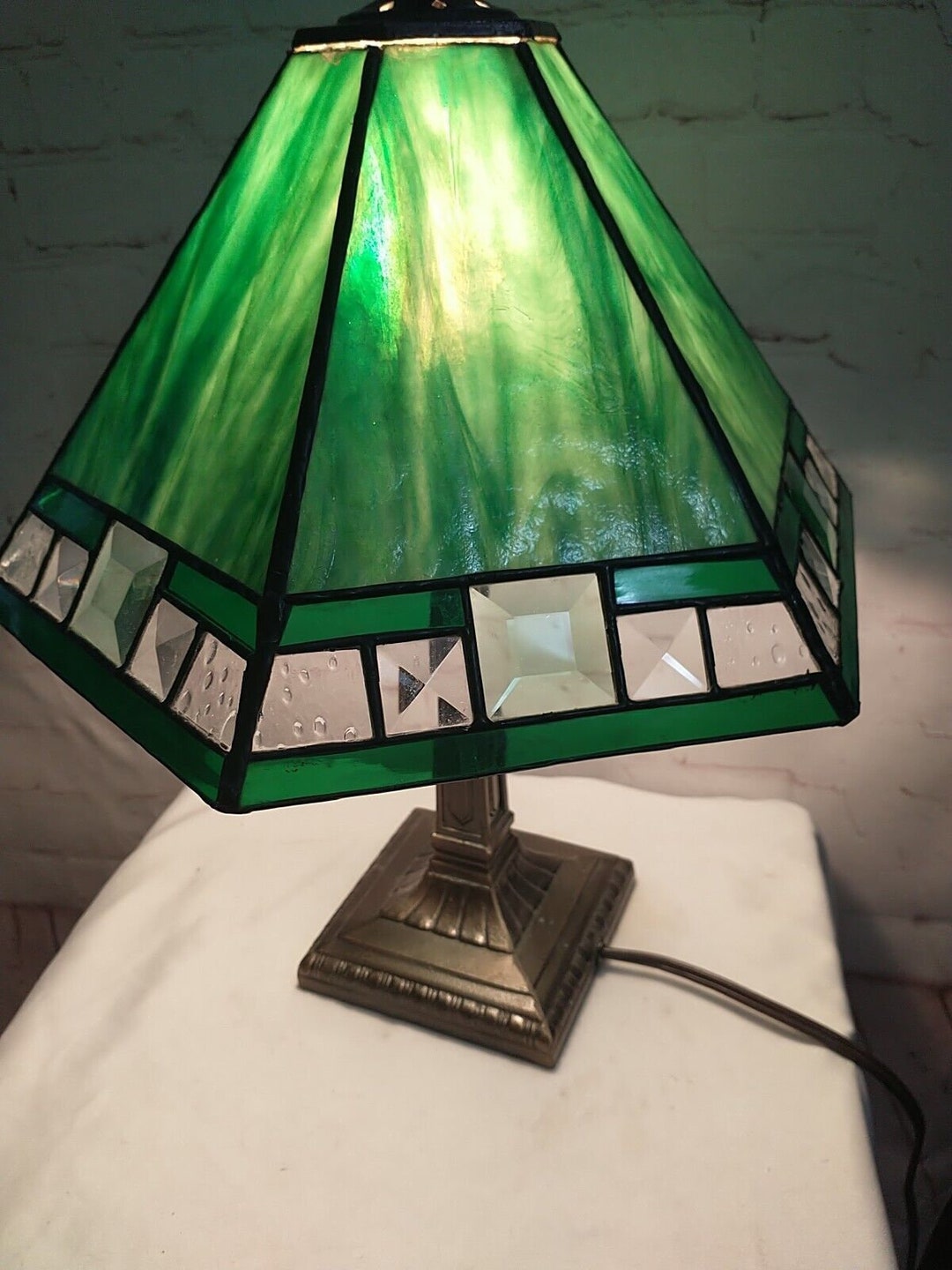 VTG Arts & Crafts Mission Green Slag and Faceted Clear Glass - Etsy