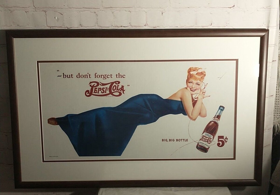Rare Vintage Pepsi Cola Pin-up Girl Big Big Bottle Framed Lithograph 27 ...