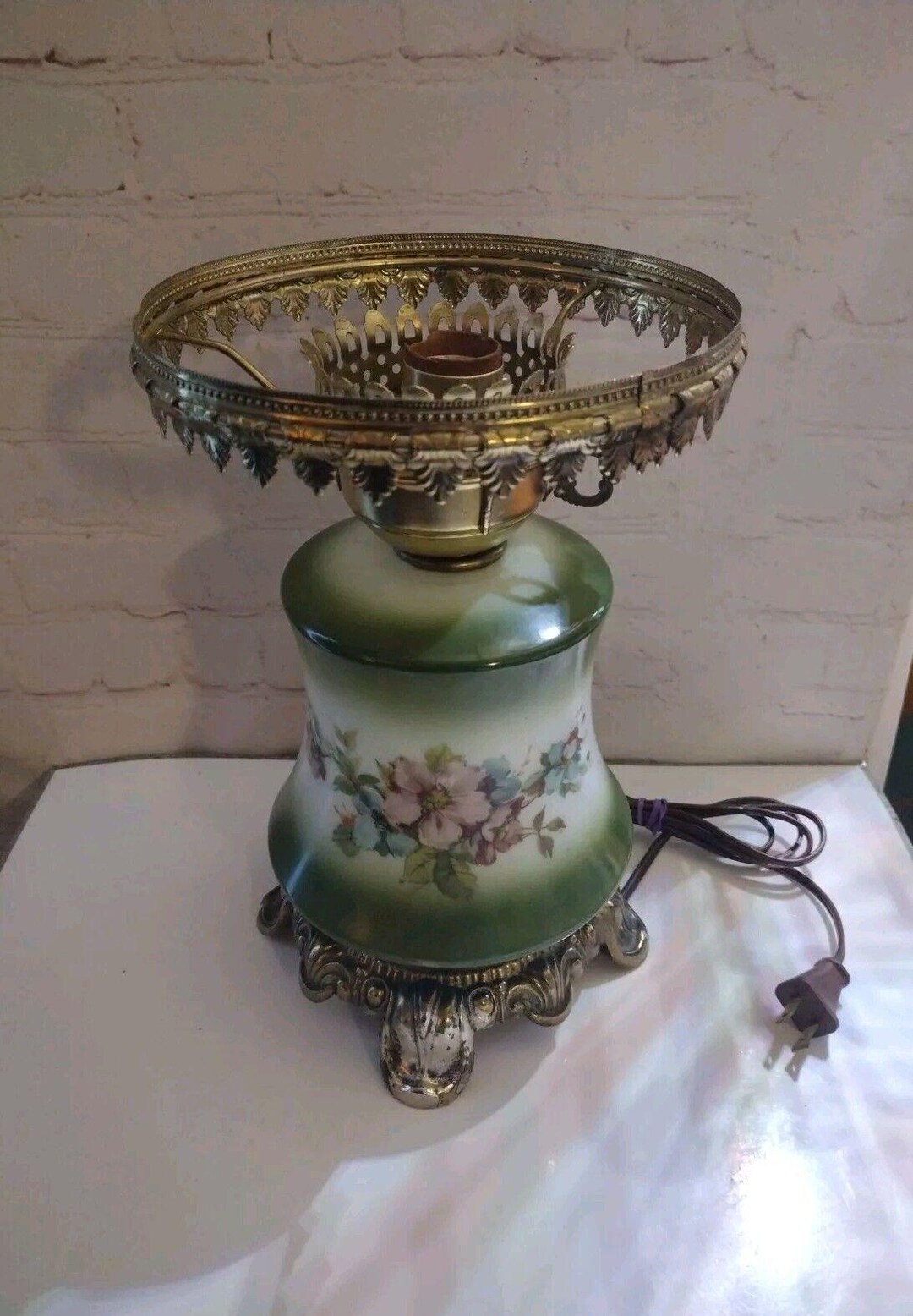 Vintage Hurricane Lamp Base Green Blue & Pink Floral Design Electric ...