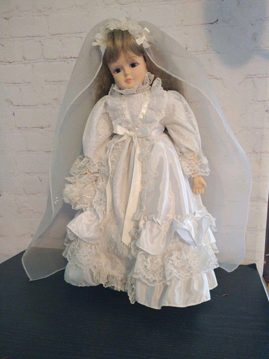 Vintage Porcelain Bride Doll W/ Stand White Wedding Lace Bridal Dress ...