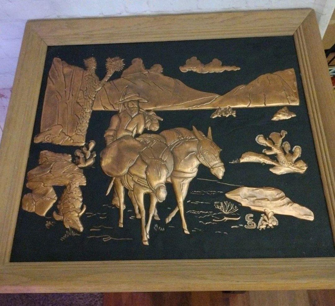 VTG Relief Copper Wall Art Western Miner W/ Mules Desert Scene Wood ...