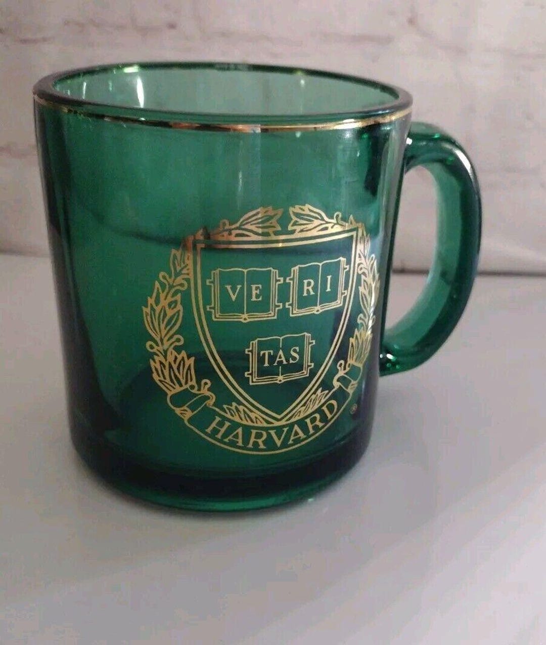 Vintage HARVARD UNIVERSITY Green Glass W/ Gold Veritas Shield Logo ...