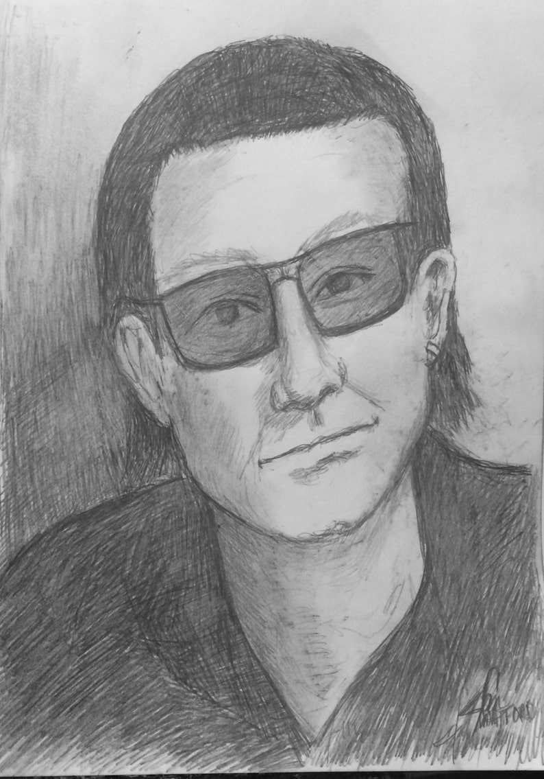 Bono, Pencil Portrait, Print, U2 Rock Band,framed and Matted, Rock Star ...