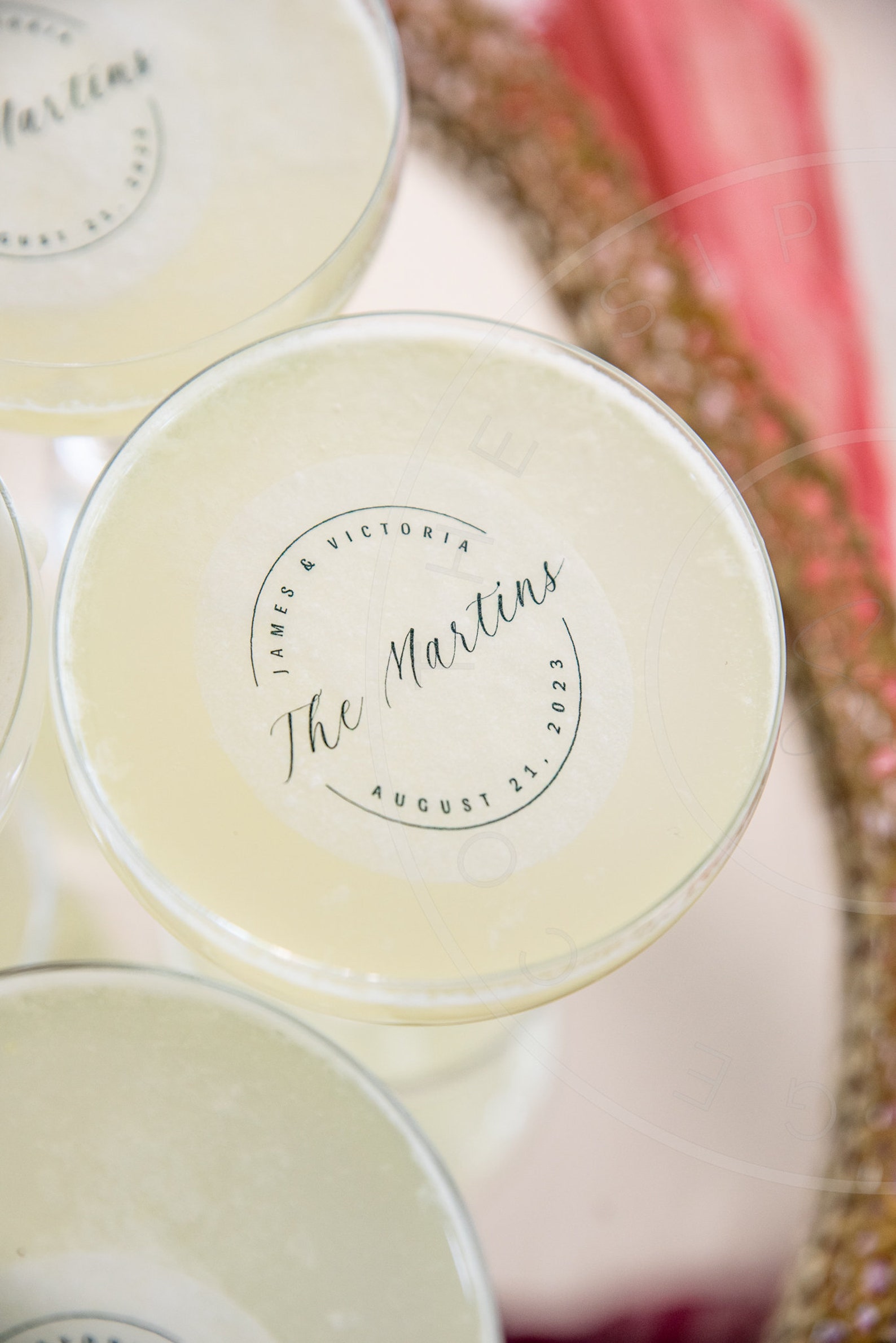 Round Last Name and Date- Wedding Cocktail Topper - Edible Drink Topper ...