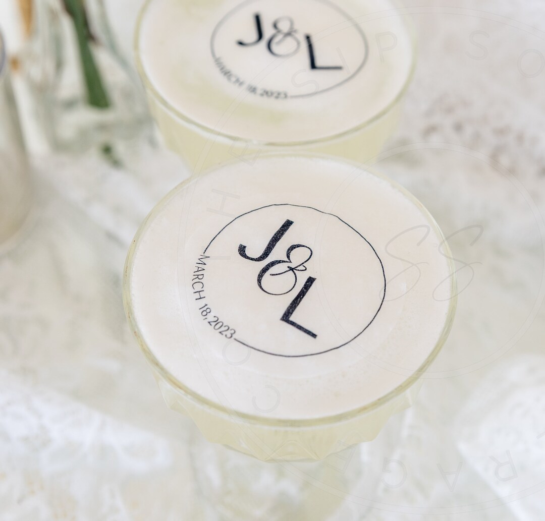 Minimalist Edible Cocktail Topper- Initials and Date- Wedding Drink ...