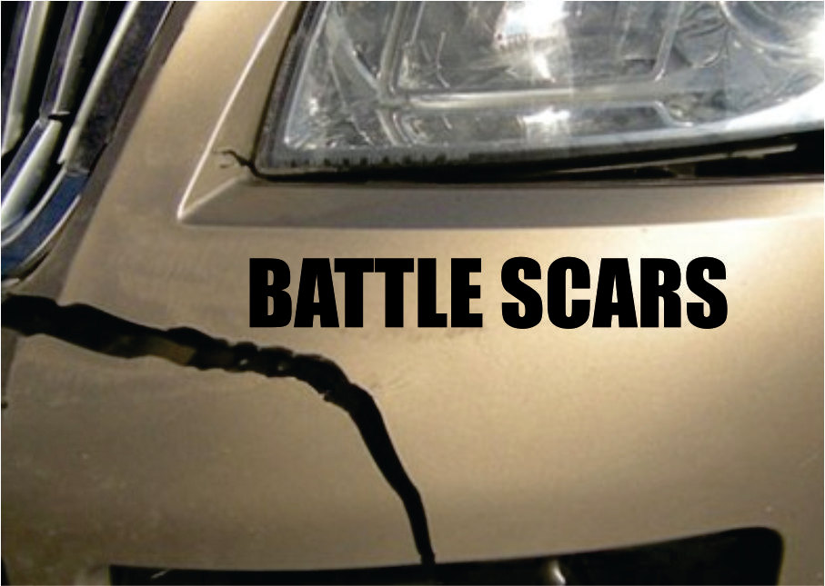 Battle Scars Funny Accident Bumper Sticker Vinyl Decal Dent Crash ...