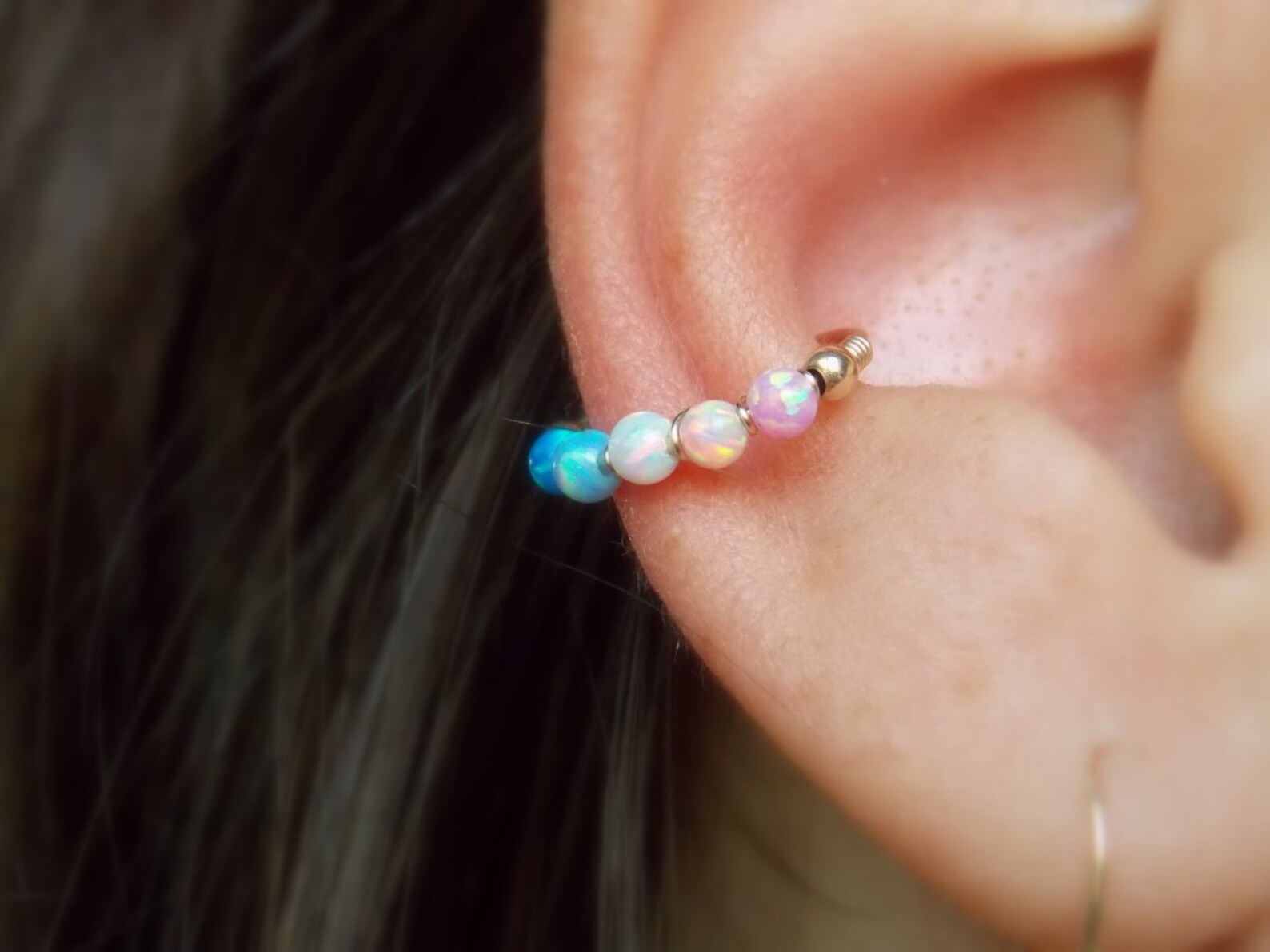 Rainbow Opal Beaded Conch Hoop Piercing Gold Filled or - Etsy