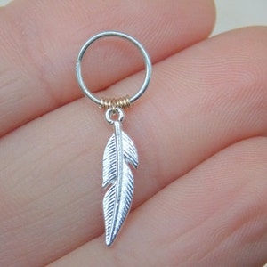 Feather Cartilage Hoop Earring, Feather Piercing Silver Hoop, Silver ...