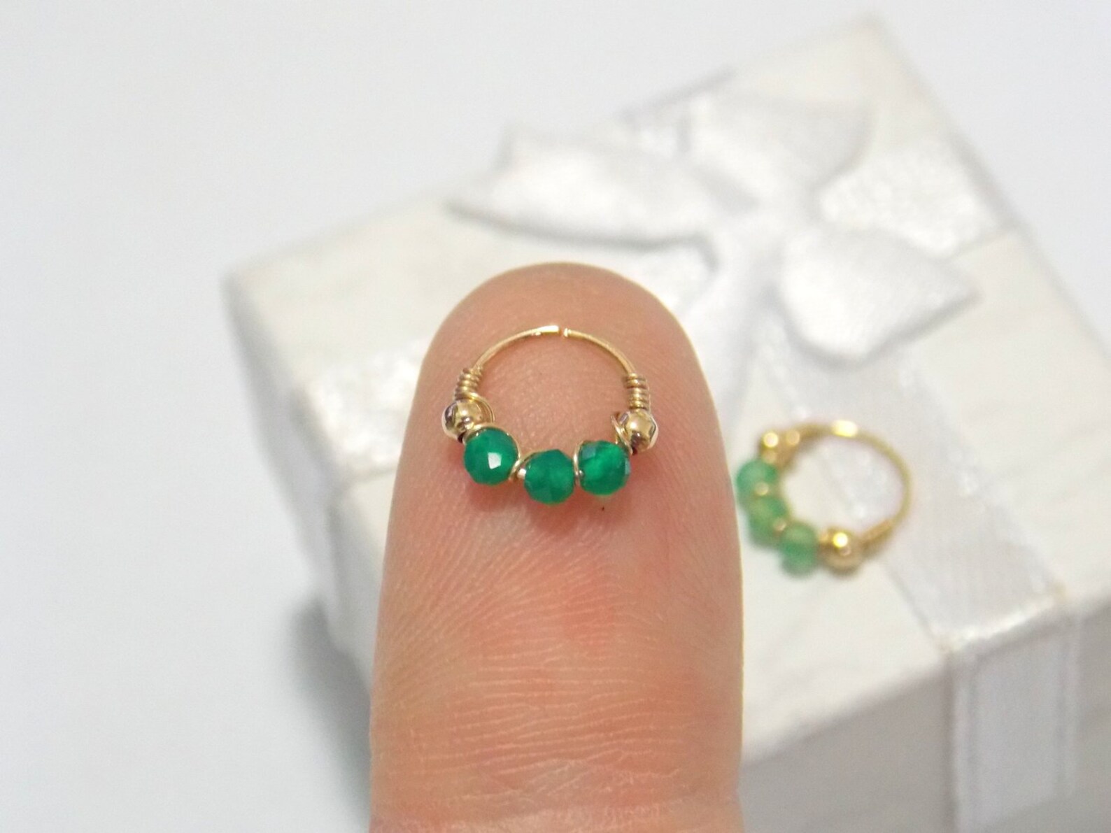 Natural Green Onyx Nose Ring - Gemstone Piercing - Beaded Nose Ring ...