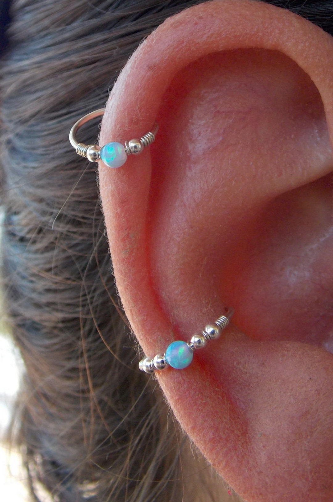 Sterling Silver Conch / Helix / Cartilage Hoop Ring Piercing, Beaded ...