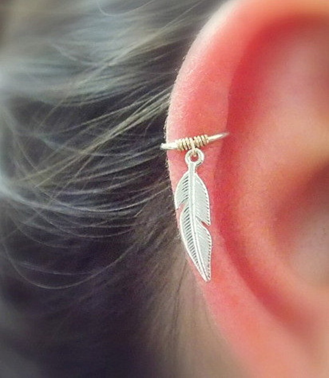 Feather Cartilage Hoop Earring, Feather Piercing Silver Hoop, Silver ...