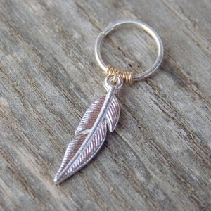 Feather Cartilage Hoop Earring, Feather Piercing Silver Hoop, Silver ...