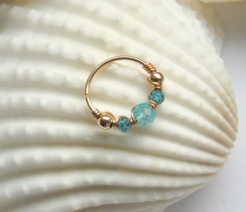 Apatite Blue Stone Nose Ring - Gemstone Piercing - Beaded Nose Ring ...
