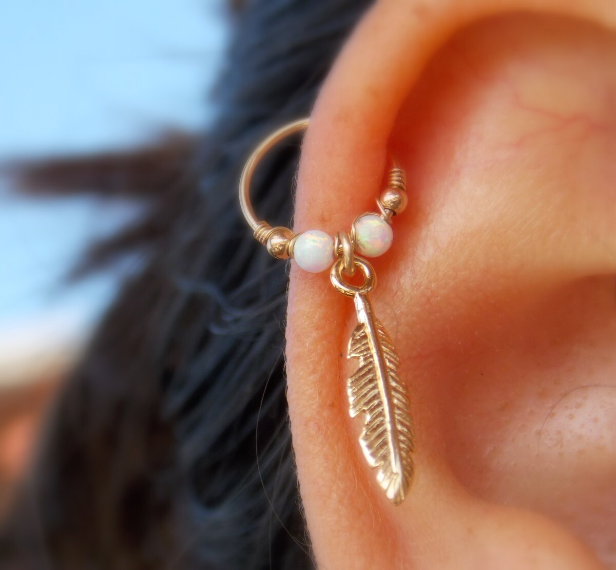 Opal Feather Cartilage Piercing Opal Piercing Tribal - Etsy