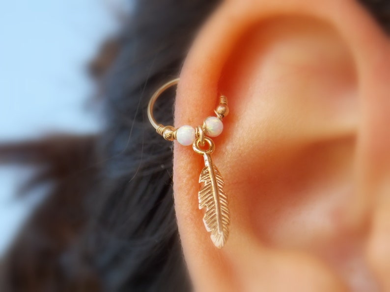 Opal Feather Cartilage Piercing Opal Piercing Tribal - Etsy