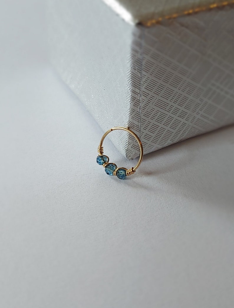 Blue Topaz Nose Ring - Gemstone Piercing - Beaded Nose Ring - Gold ...