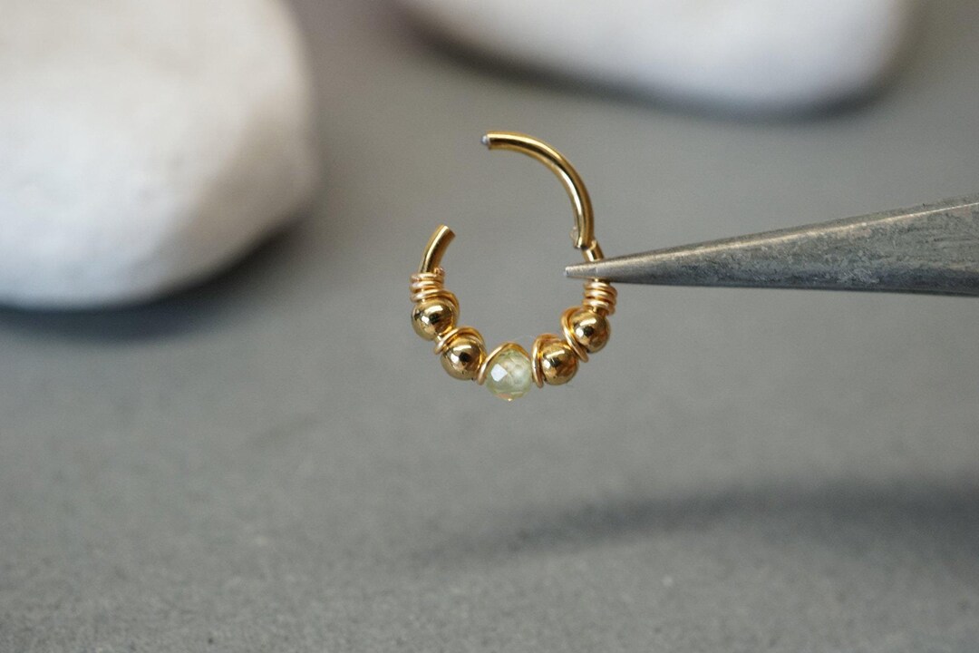Hinged Hoop • Gold Gemstone Clicker 1.2mm (16ga) Suitable for Septum, Daith, Rook, Conch, Helix ...