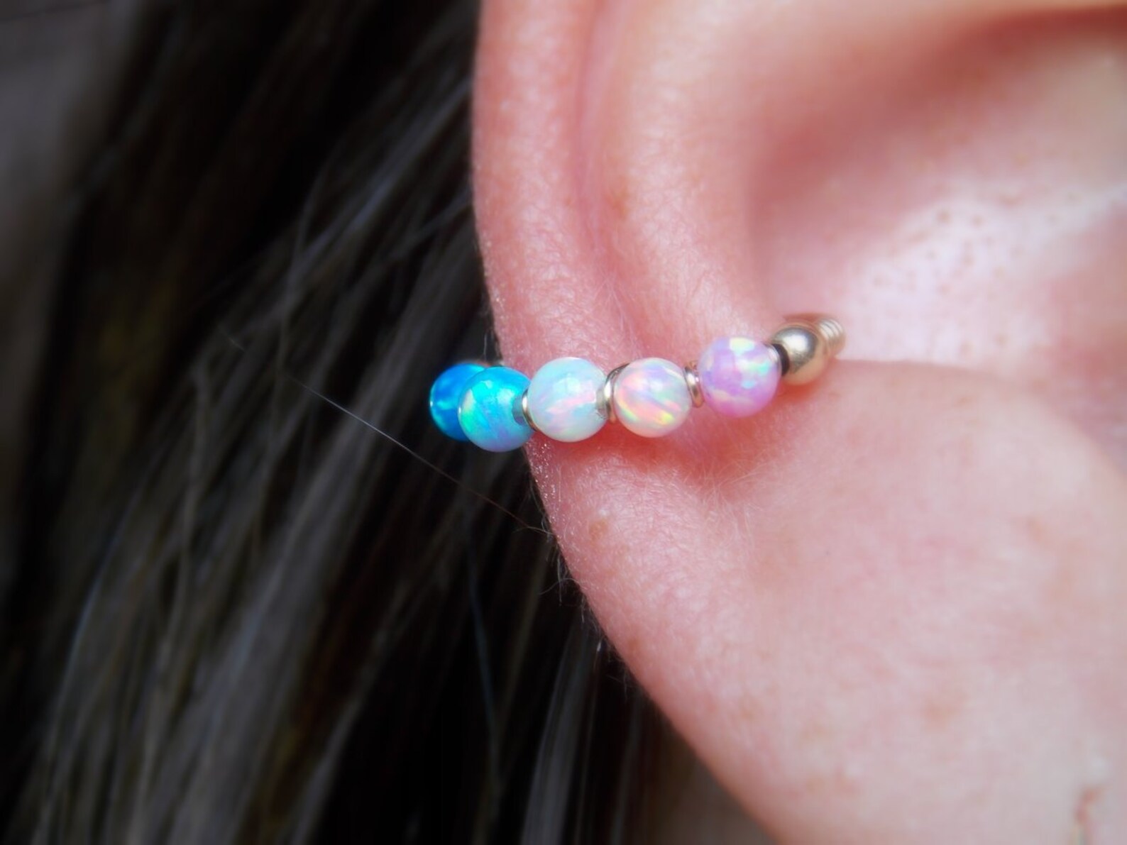 Rainbow Opal Beaded Conch Hoop Piercing, Gold Filled or Sterling Silver ...