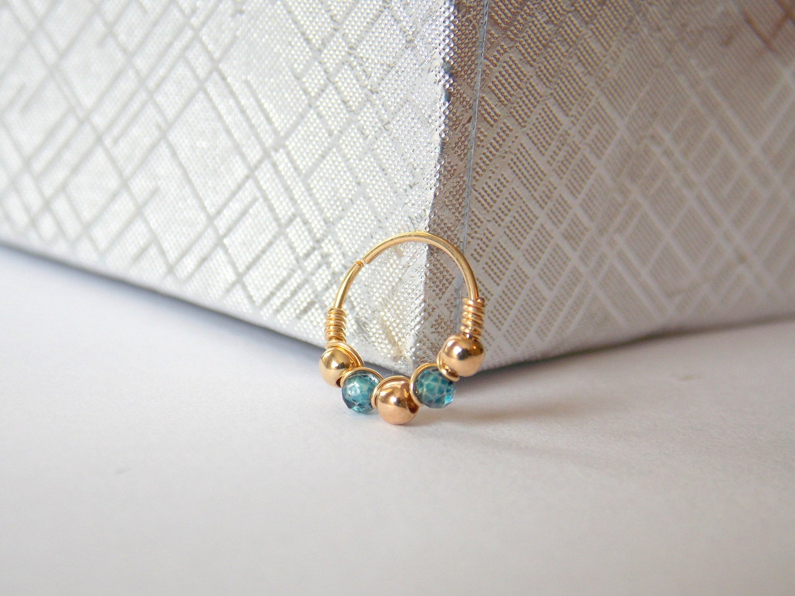 Blue Topaz Nose Ring - Gemstone Piercing - Beaded Nose Ring - Gold ...