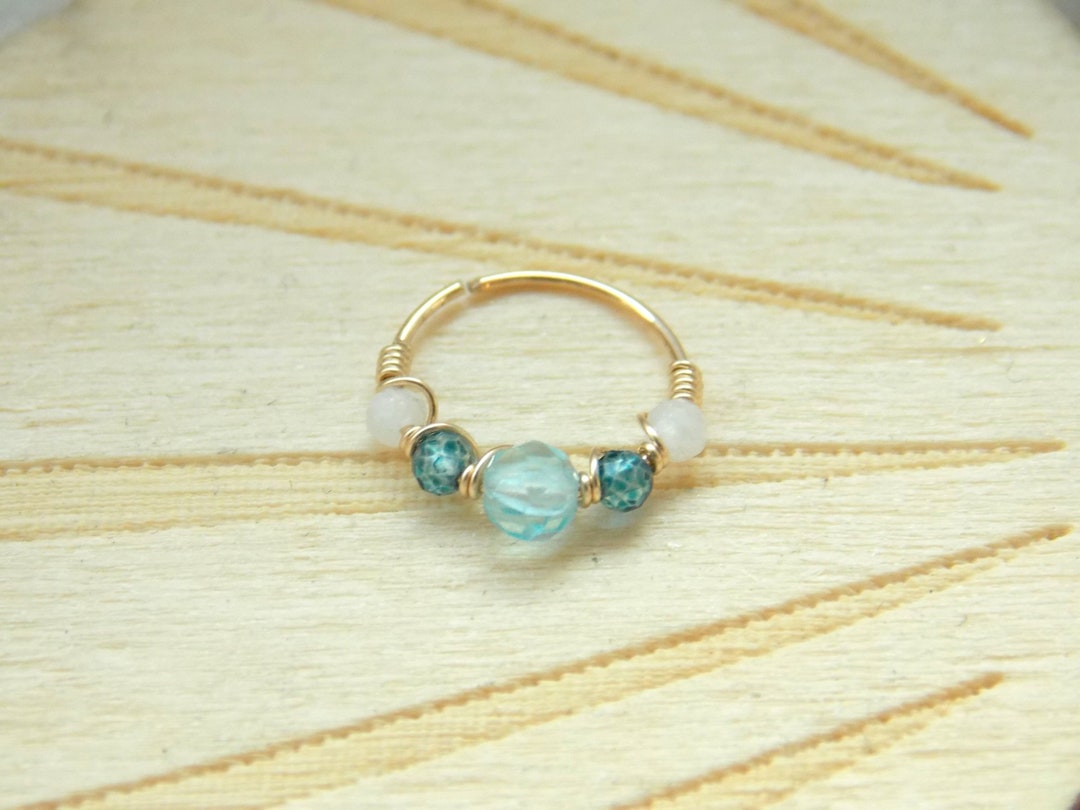 Apatite Blue Stone Nose Ring - Gemstone Piercing - Beaded Nose Ring ...
