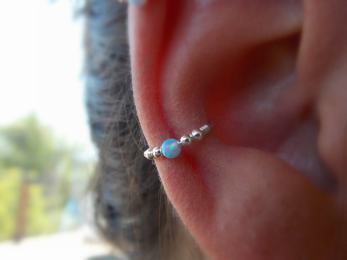 Sterling Silver Conch / Helix / Cartilage Hoop Ring Piercing, Beaded ...