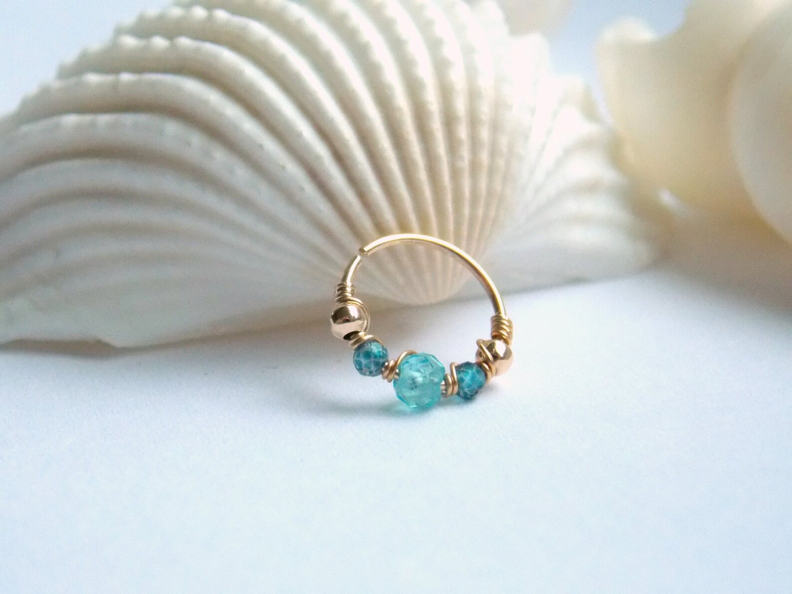 Apatite Blue Stone Nose Ring - Gemstone Piercing - Beaded Nose Ring ...