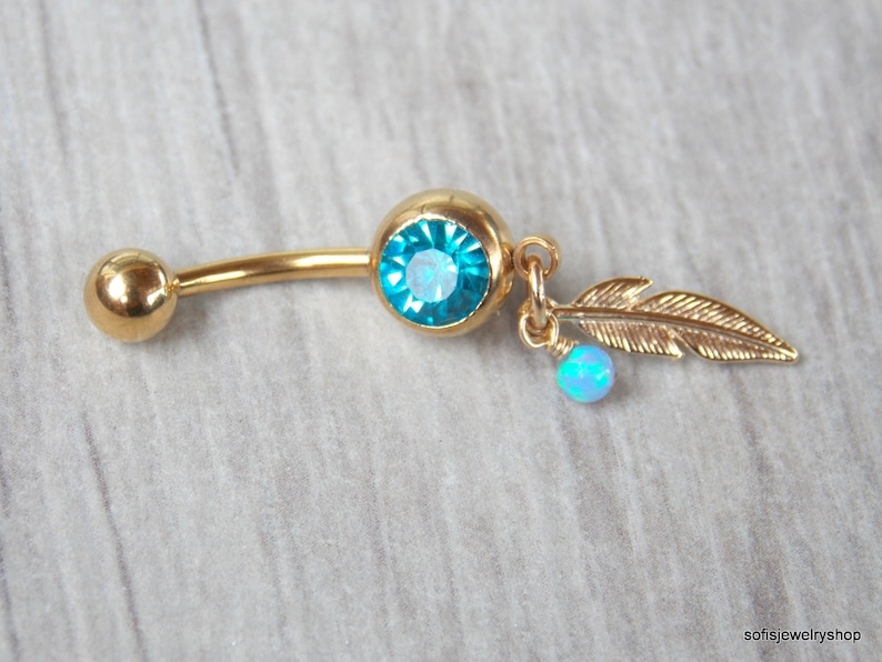 Gold Belly Button Ring -feather Belly Button Jewelry - Opal Gold Belly ...