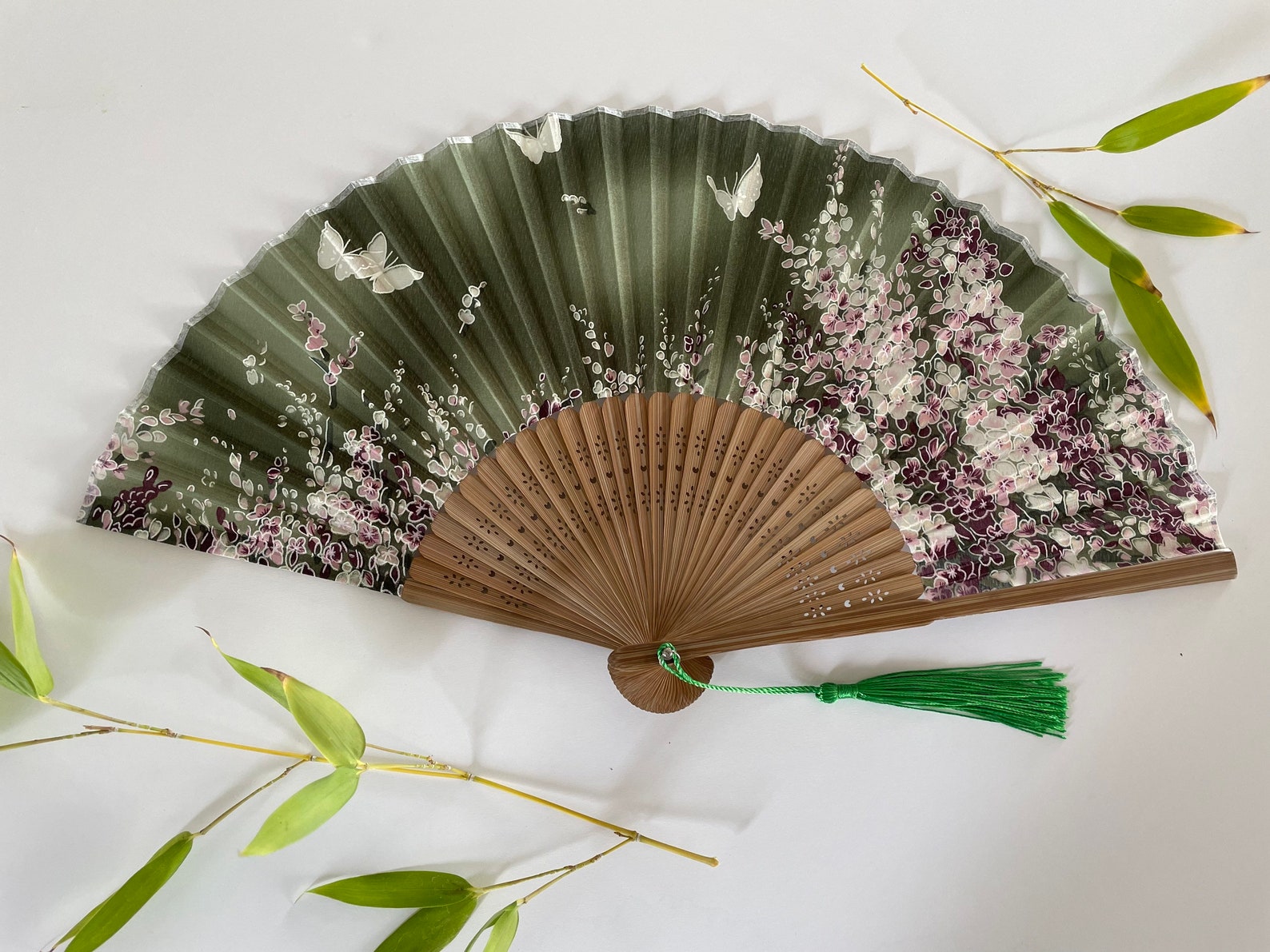 Olive Green Silk Hand Fan: Butterfly & Flower Print, Bamboo Ribs - Etsy