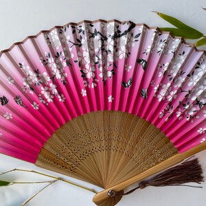 1 X Pink Silk Fabric Sakura Flowers and Butterflies Handheld Folding ...