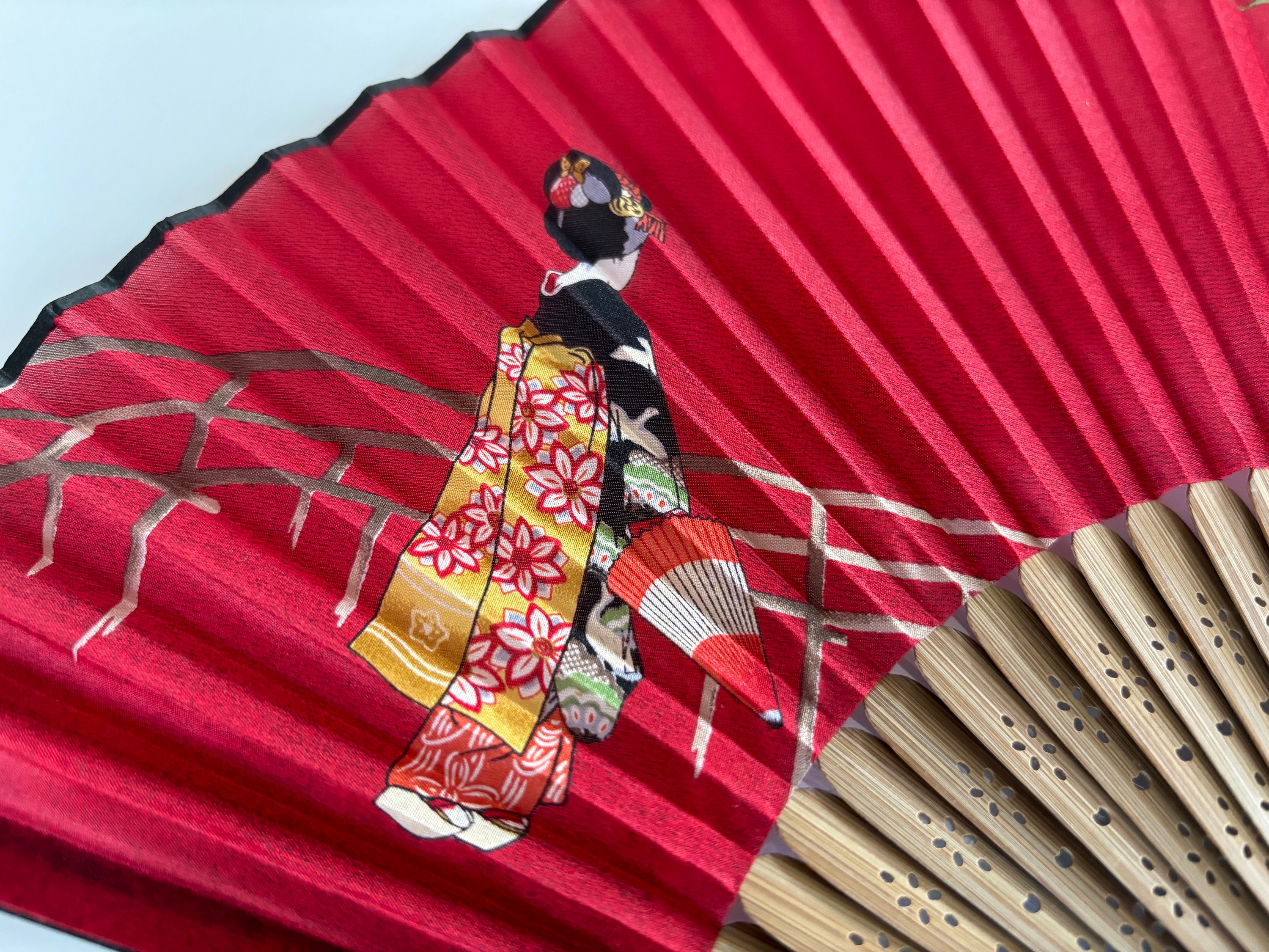 Sakura & Japanese Lady Red Silk Hand Fan With Gift Box - Etsy