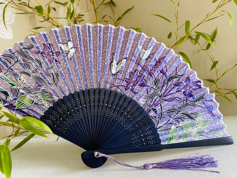 Purple Silk Hand Fan: Bamboo Ribs, Butterfly & Flower Print - Etsy