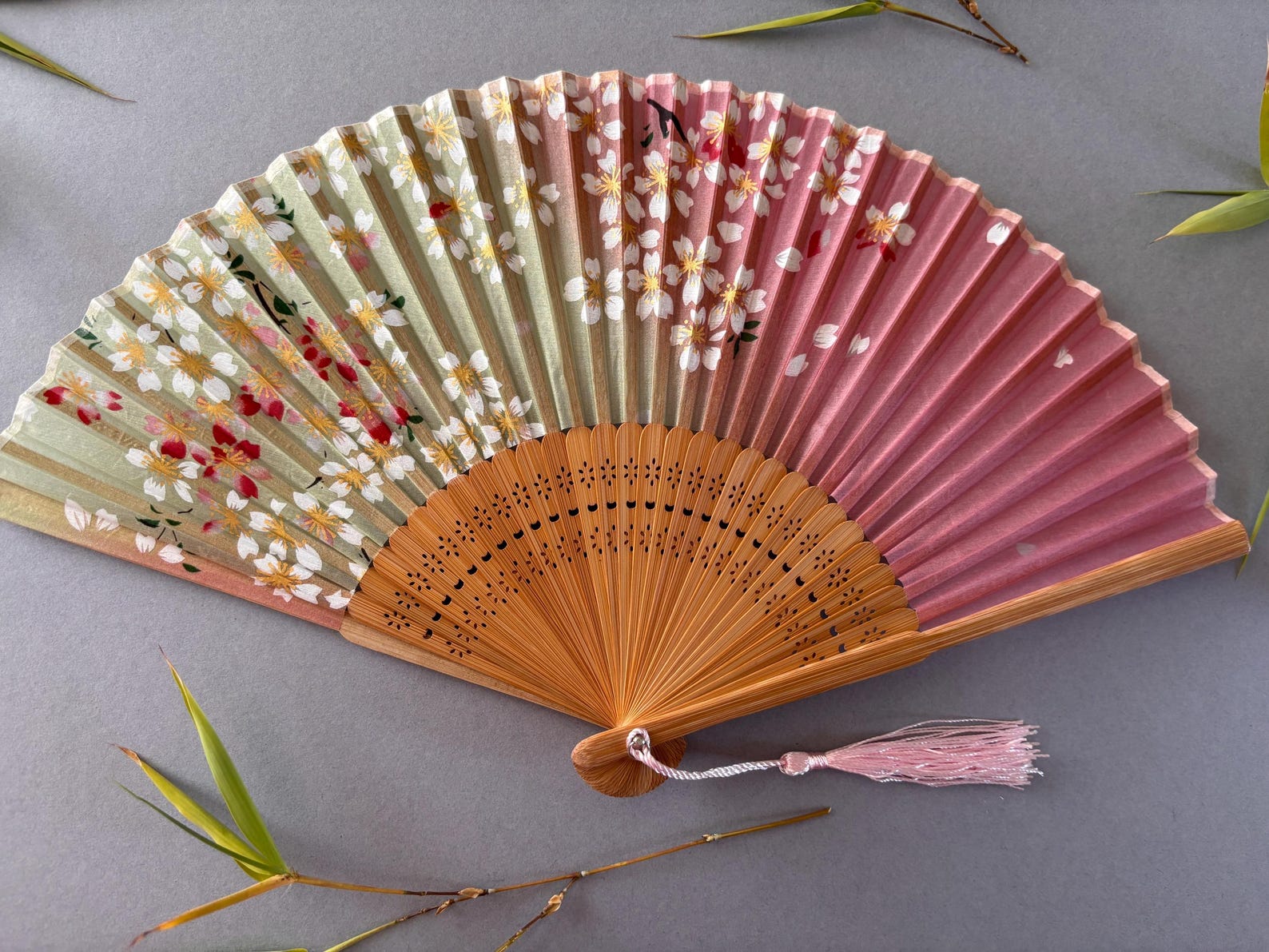 Butterfly Silk Hand Fan: Pink & Green Floral Print, Bamboo Ribs - Etsy