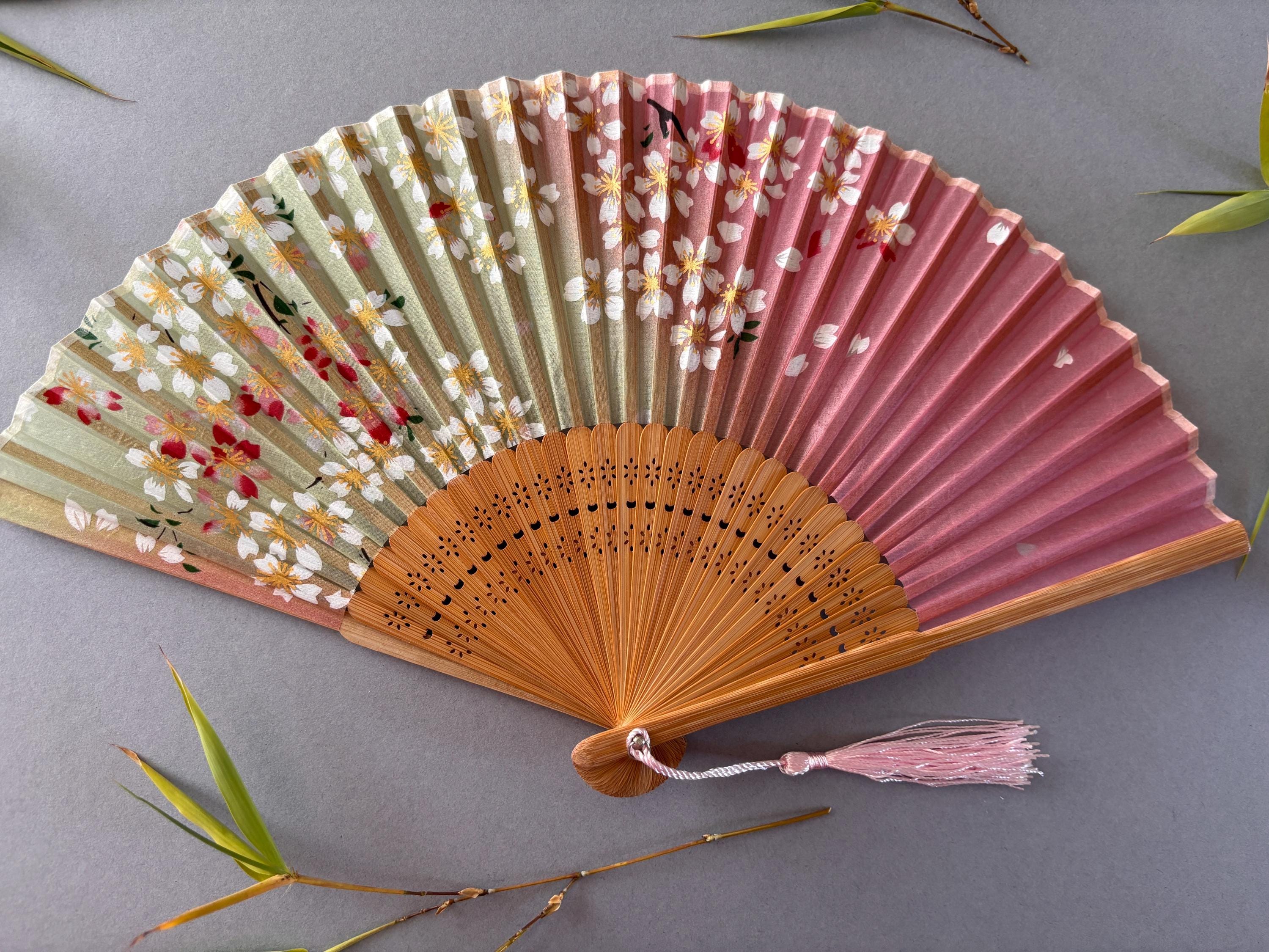 Butterfly Silk Hand Fan: Pink & Green Floral Print, Bamboo Ribs - Etsy