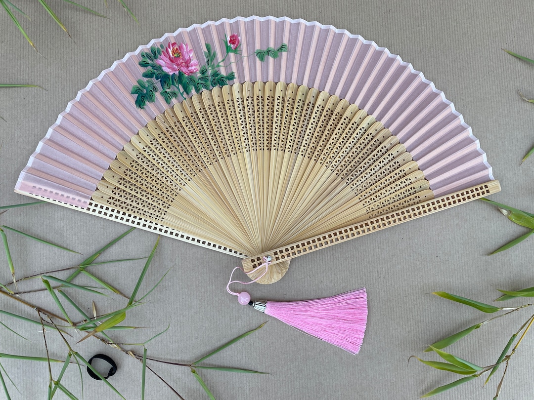 Rose Flower Hand Fan: Light Pink Fabric Border, Gift Box & Pouch - Etsy
