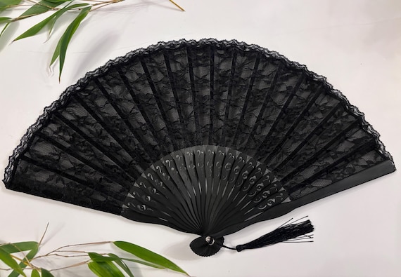 Vintage Black Lace Hand Fan Bamboo Ribs Folding Fans With a Tassel a Pouch Etsy UK