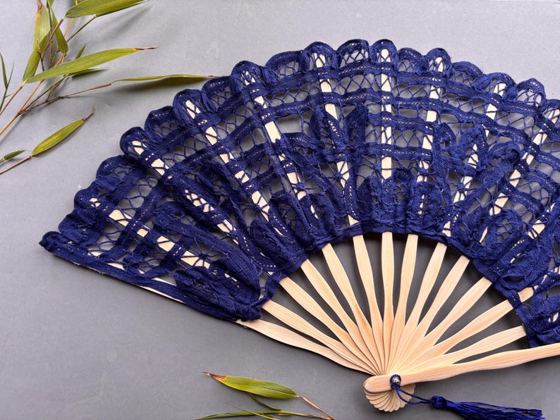 Navy Blue Battenberg Lace Hand Fan Brown , Bridal, Dance, Party Favors ...