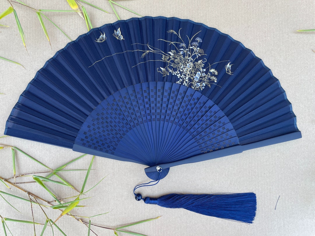 Flowers and Butterflies Printed Blue Fabric Border Handheld Folding ...