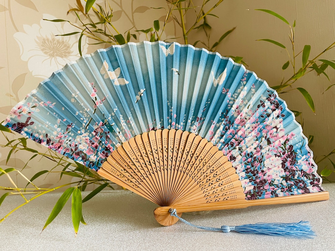 Blue Silk Hand Fan: Bamboo Ribs, Butterfly & Flower Print - Etsy