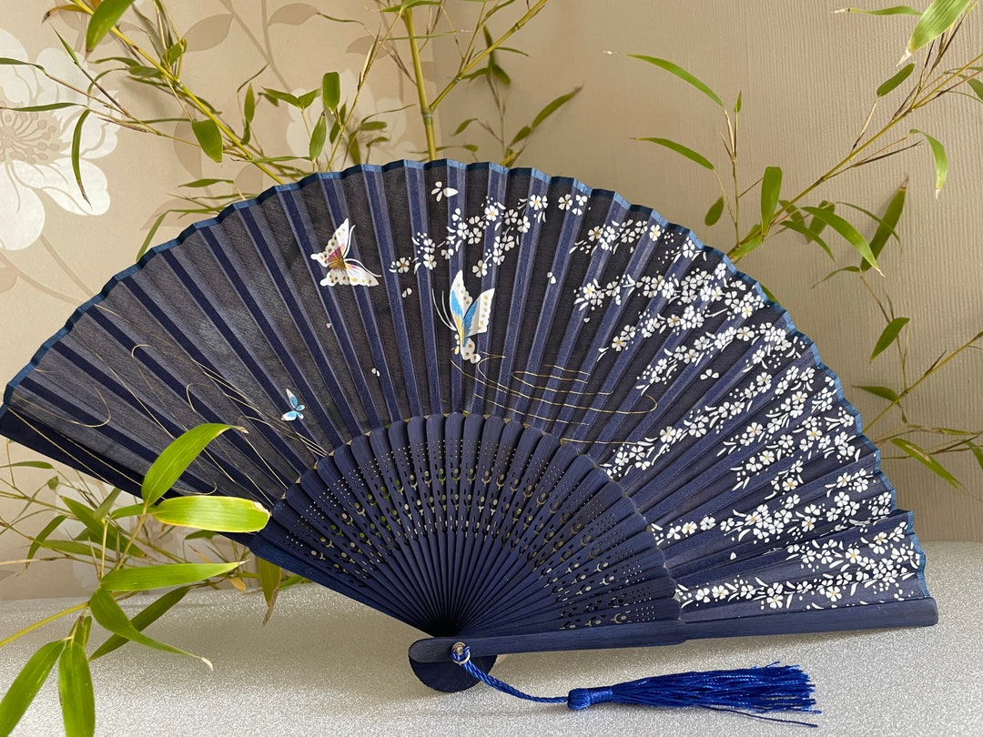 Navy Blue Silk Hand Fan: Butterfly & Flower Print, Bamboo Ribs - Etsy