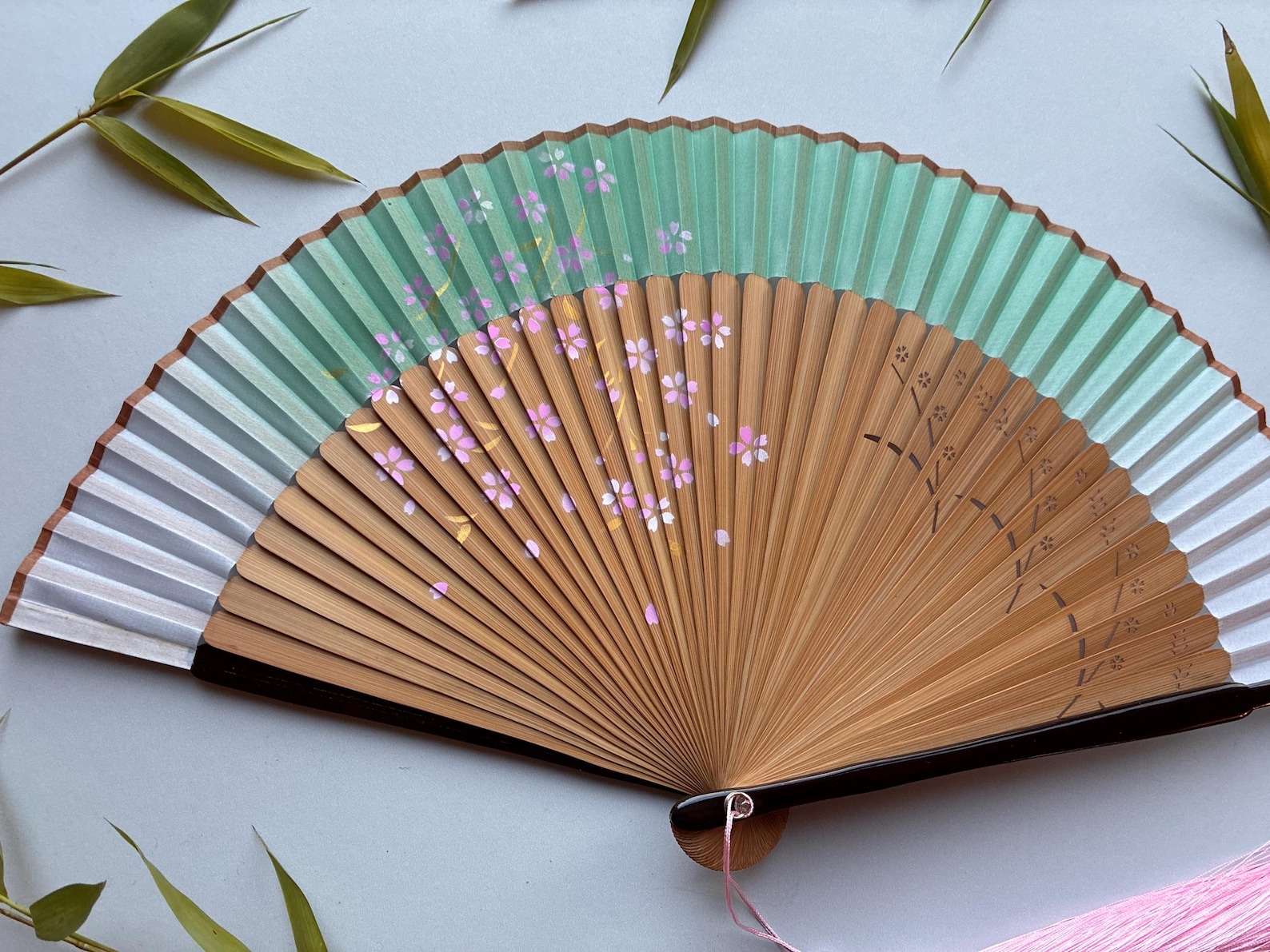 Light Turquoise With Sakura Pink Flowers Silk Hand Fan: Engraved Bamboo ...