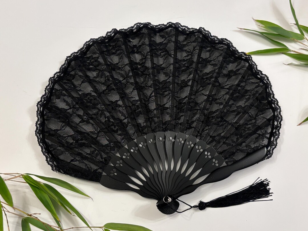 Vintage Black Lace Hand Fan, Bamboo Folding Fan With Tassel, Gothic ...