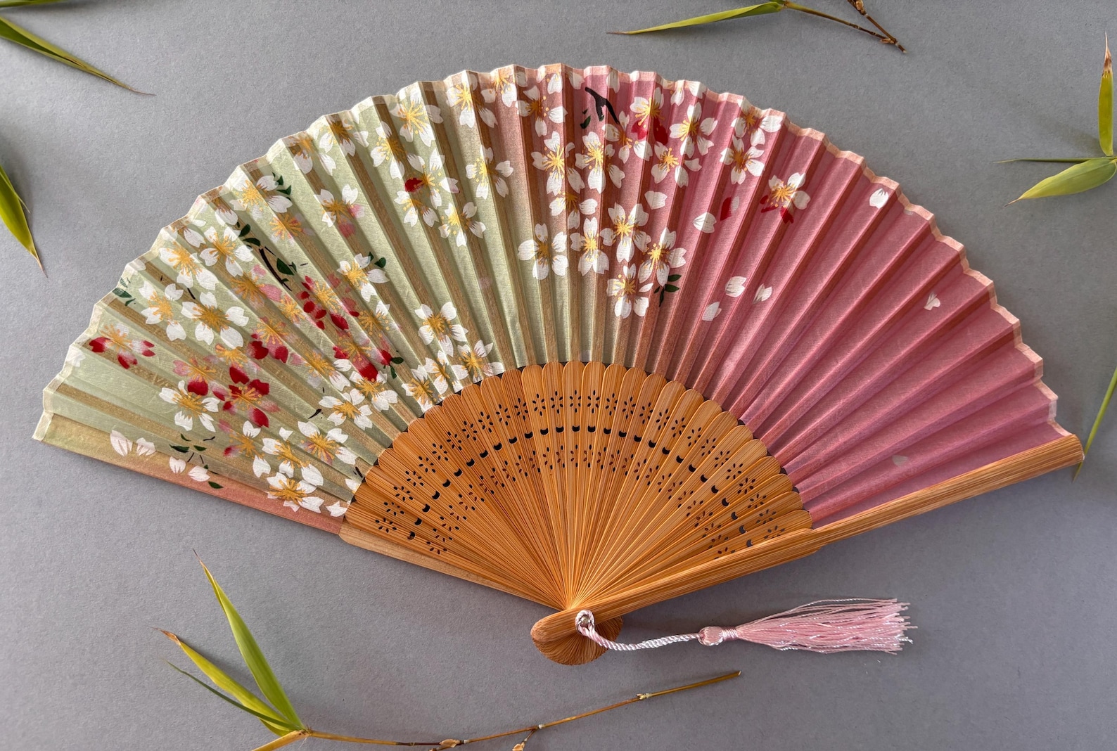 Butterfly Silk Hand Fan: Pink & Green Floral Print, Bamboo Ribs - Etsy