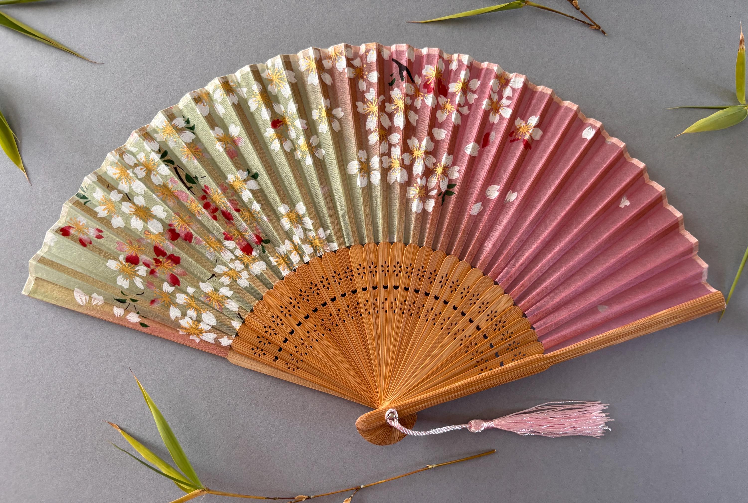 Butterfly Silk Hand Fan: Pink & Green Floral Print, Bamboo Ribs - Etsy