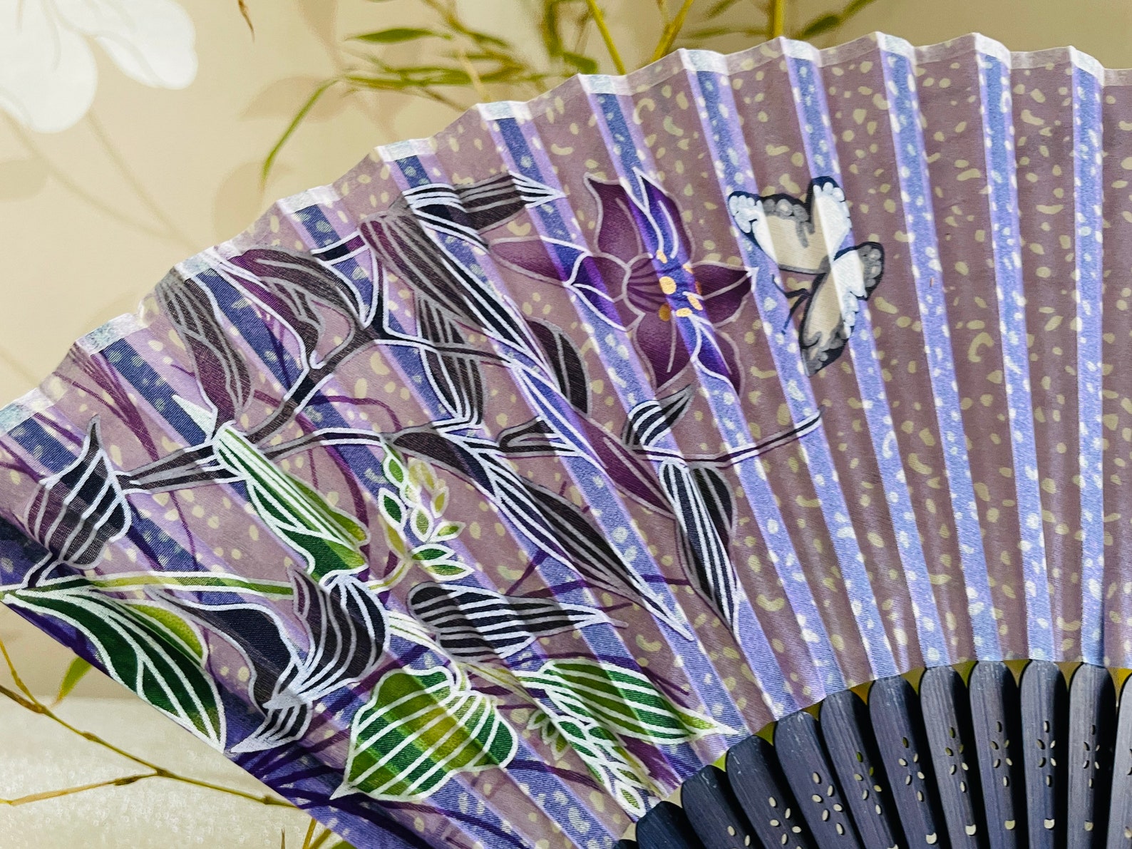 Purple Silk Hand Fan: Bamboo Ribs, Butterfly & Flower Print - Etsy